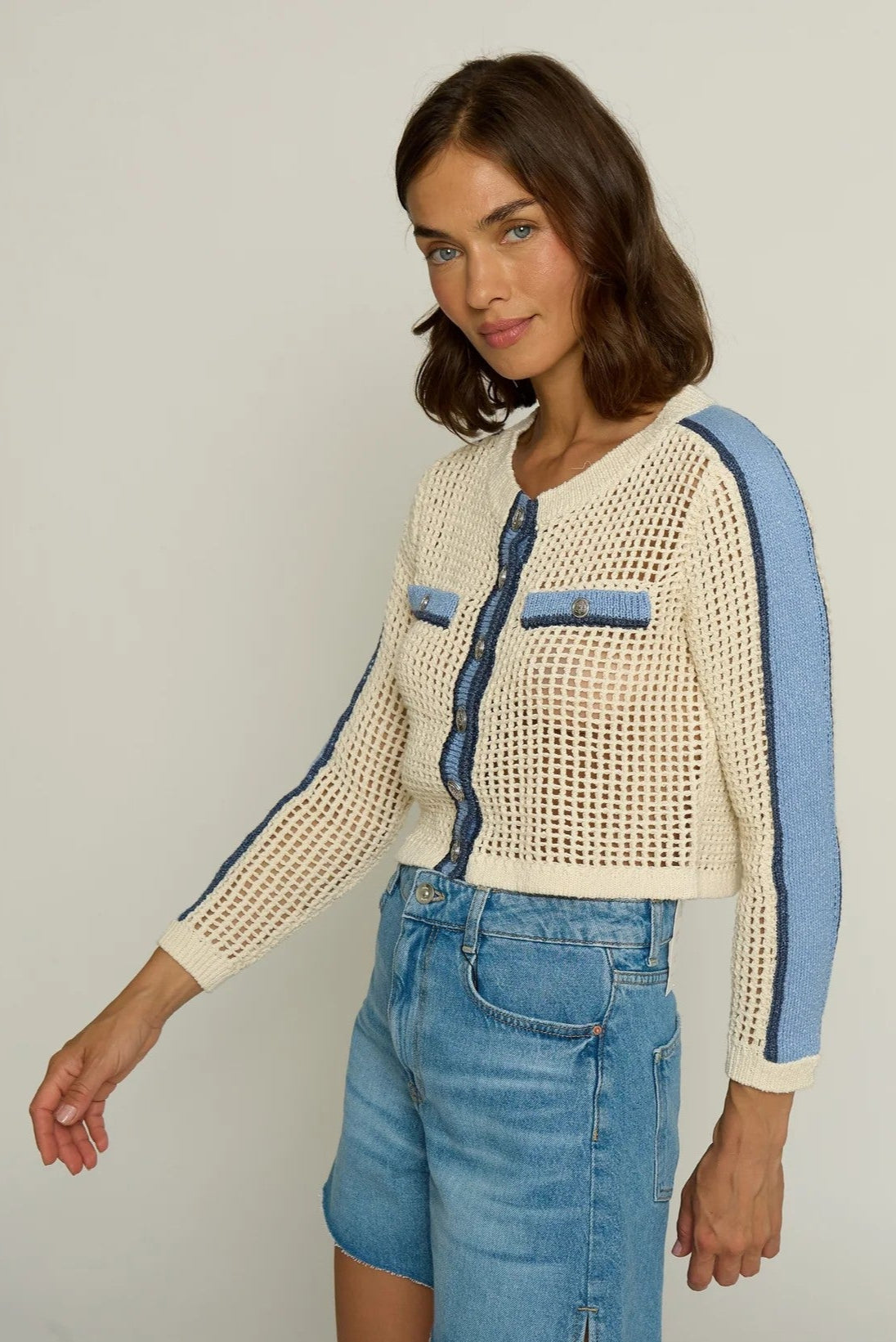 Ivory Blue Trim Mesh Stitch Cardigan – Fourteenth Boutique